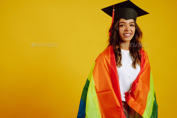 Woman covering with lgbt pride flag. American lesbian woman in ...