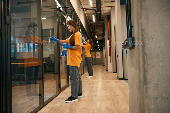 Two employees cleaning company clean the mirrored partitions coworking ...