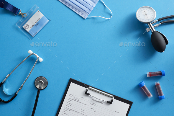 Overhead Flat Lay Medical Shot Of Stethoscope ID Lanyard Blood Samples ...
