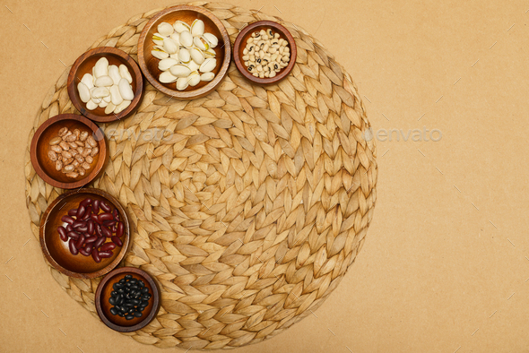 Flat lay of healthy grains concept, Different types of grains in wooden ...