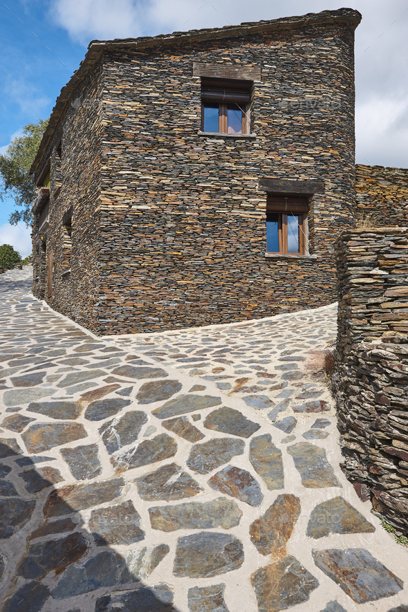 Slate stone antique village of Roblelacasa. Black architecture. Spain ...