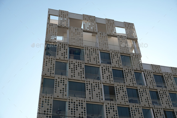Exterior of modern white openwork house. Architectural detail of close ...