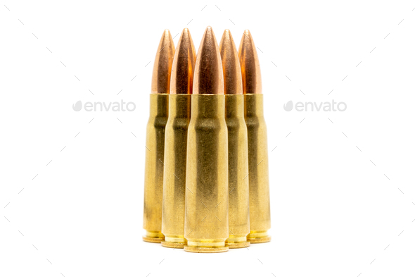 Bullets isolated on white background. Cartridges 7.62 caliber for ...