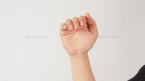 Come here in Japanese hand gestures on white background. tudio shot ...