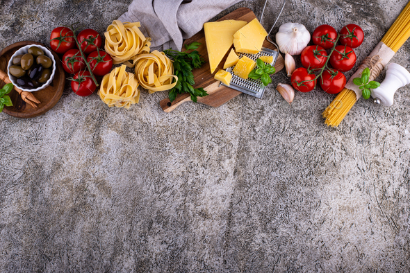 Italian food cooking background with pasta Stock Photo by furmanphoto
