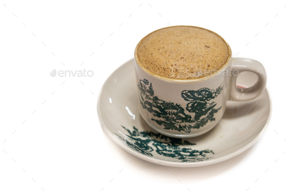 Tradiitional aromatic coffee served in vintage kopitiam cup and saucer ...