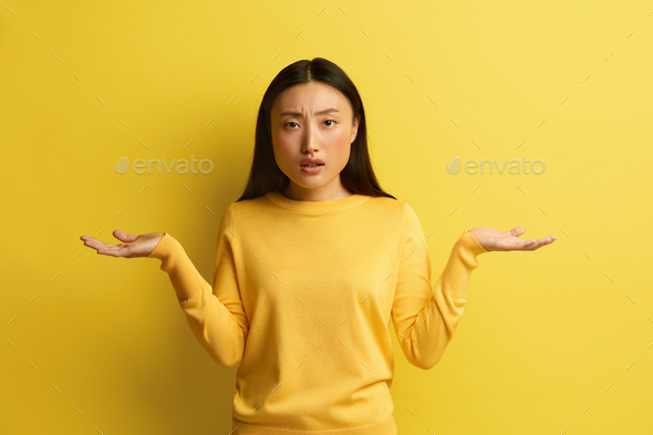 Confused Woman Shrugging Hands. Portrait Uncertain Asian Girl ...
