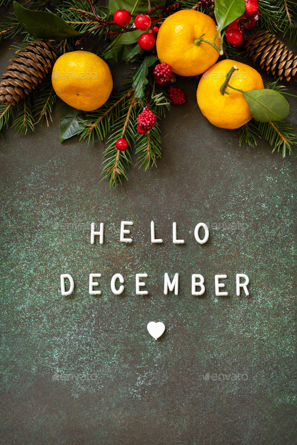 Hello december text. Cozy winter mood. Winter composition with fir ...