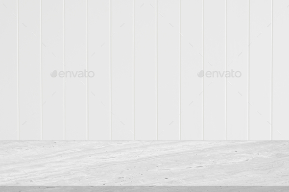 Counter top white marble stone with white wall wooden groove vertical ...