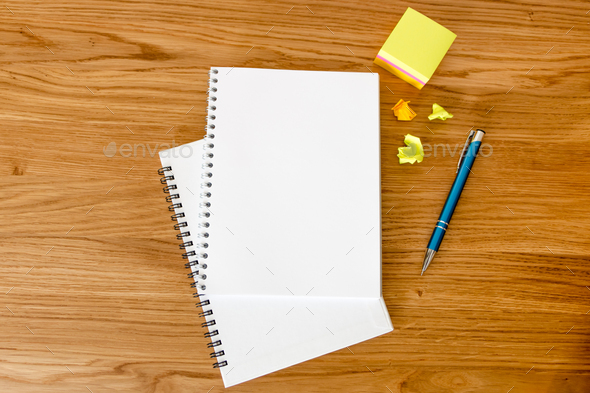 open notebooks with a pen on a wooden table, a place for text Stock ...