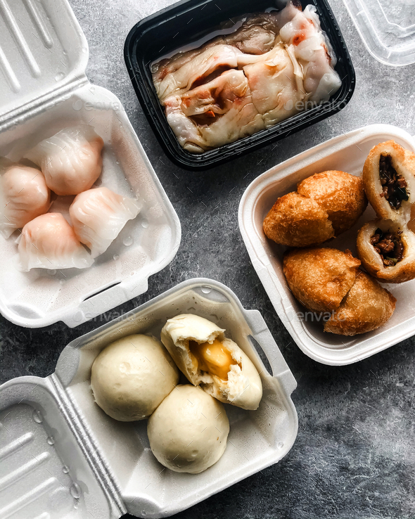 Dim sum takeout, shrimp dumplings, Chinese fried perogies, lava bun ...
