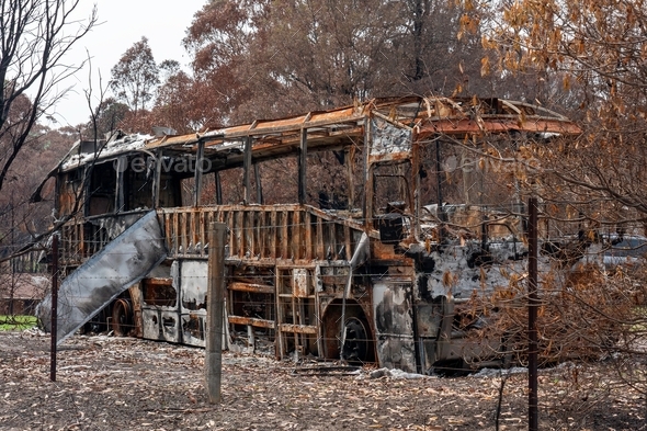 Aftermath of the Australian Bushfires: a burnt out bus Stock Photo by ...
