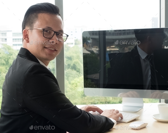 businessman boss executive company office look at camera wear suit and ...