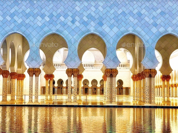 A view through the symmetrical arches of Sheikh Zayed Grand Mosque ...