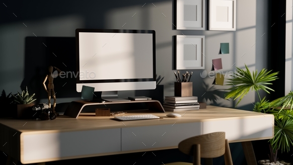 Modern office workstation interior with daylight through the window ...