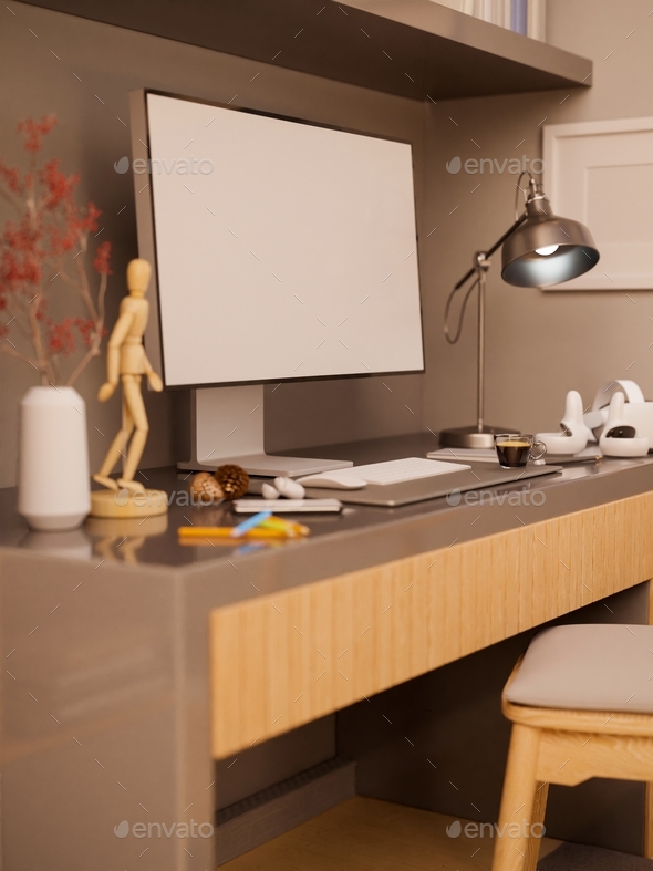 Modern contemporary home working table with pc desktop computer Stock ...