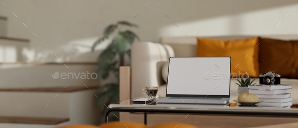 Modern stylish living room interior design with notebook laptop on ...