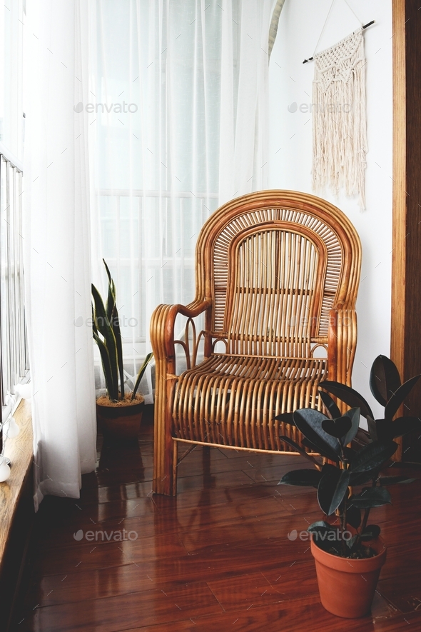 home natural lighting white bright airy rocking chair cane wood Stock ...