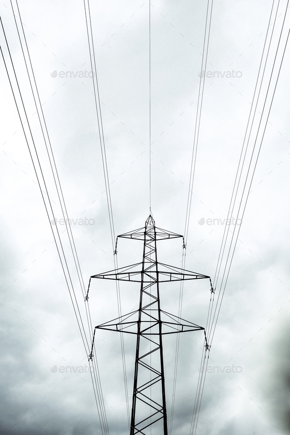 Electricity wires as geometric lines. High voltage electricity cables ...