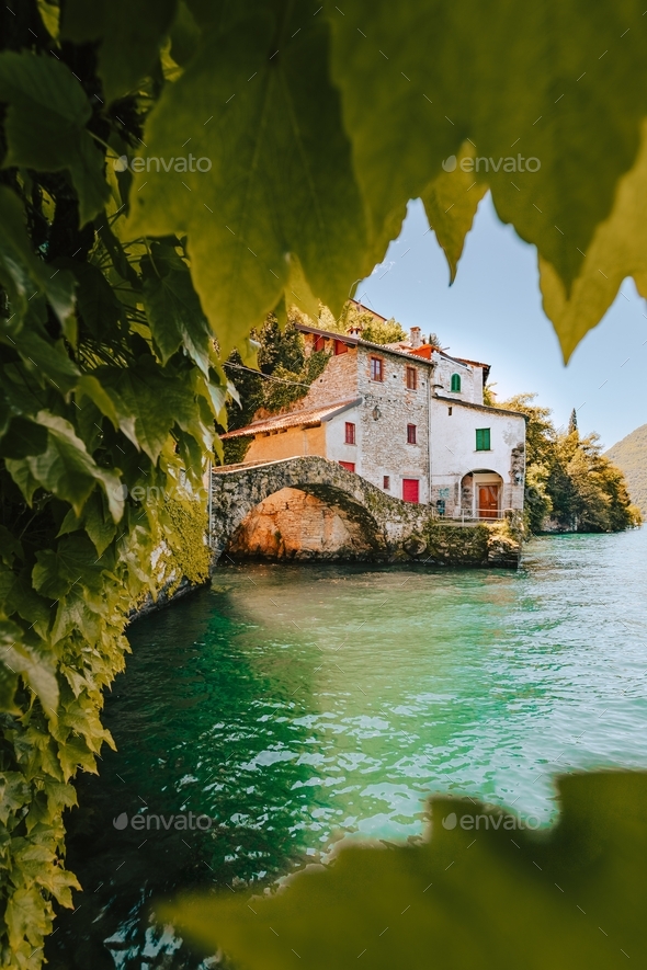 Village of Nesso with the medieval bridge, also called Civera bridge ...