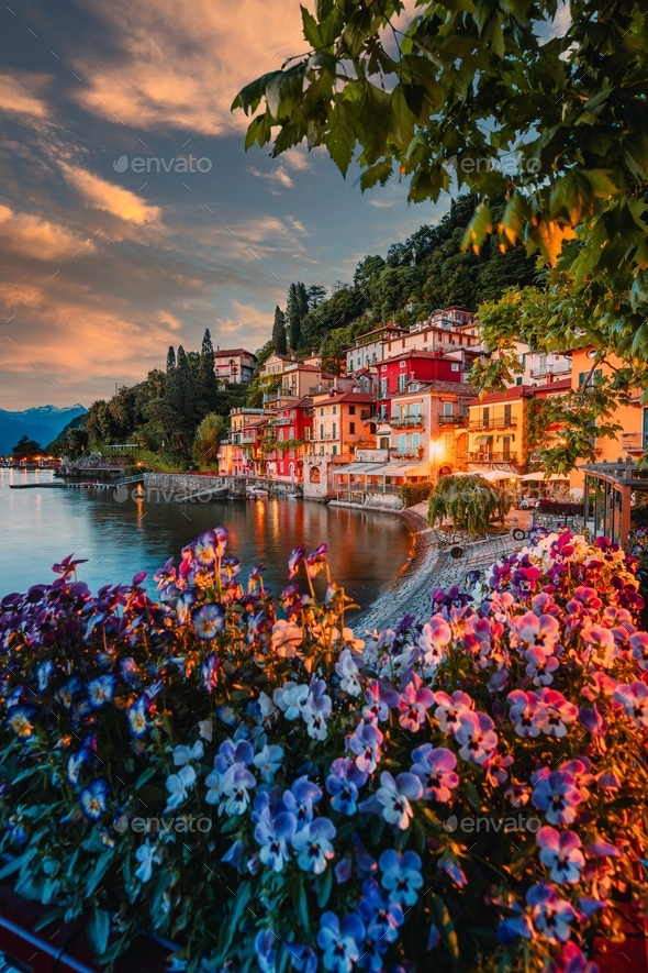 Village of Varenna on Lake Como at sunset with illuminated houses Stock ...