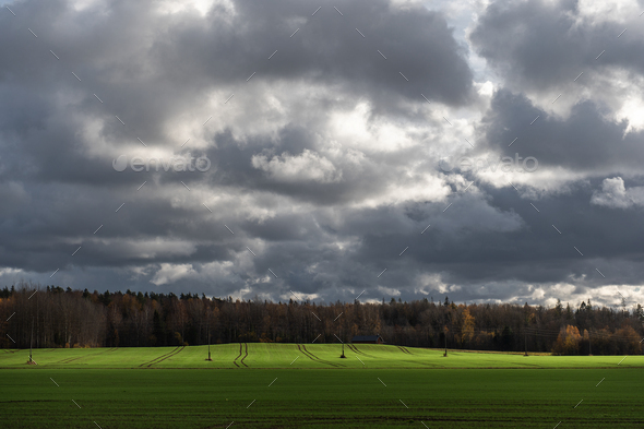 Dramatic sky with dark rain clouds over green agricultural field with ...