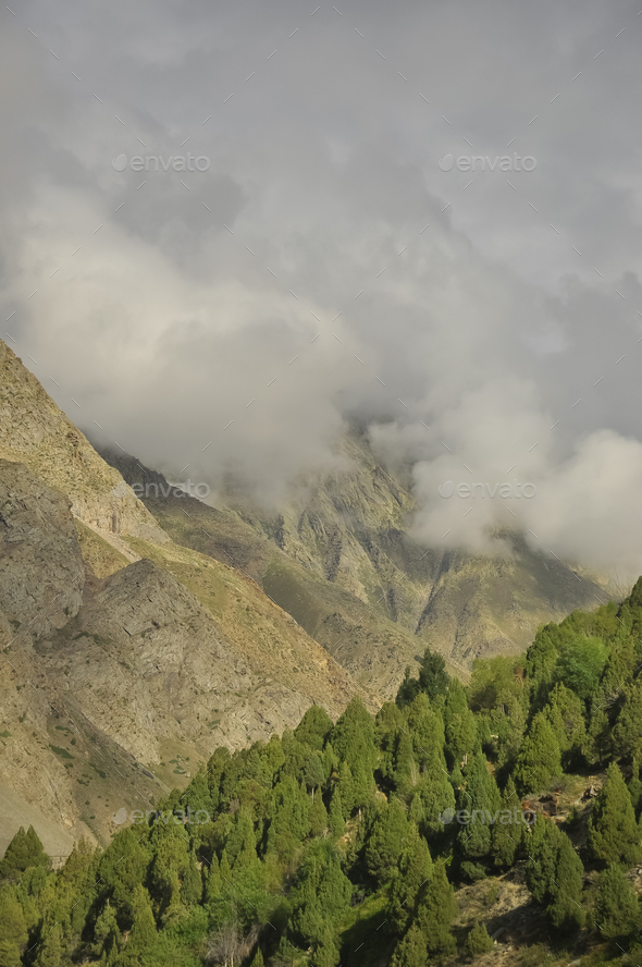 Dry mountain covered with clouds. Combination of dry mountain and green ...