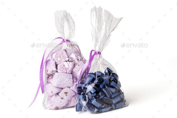 packages with sweets isolated on white background, selective focus ...