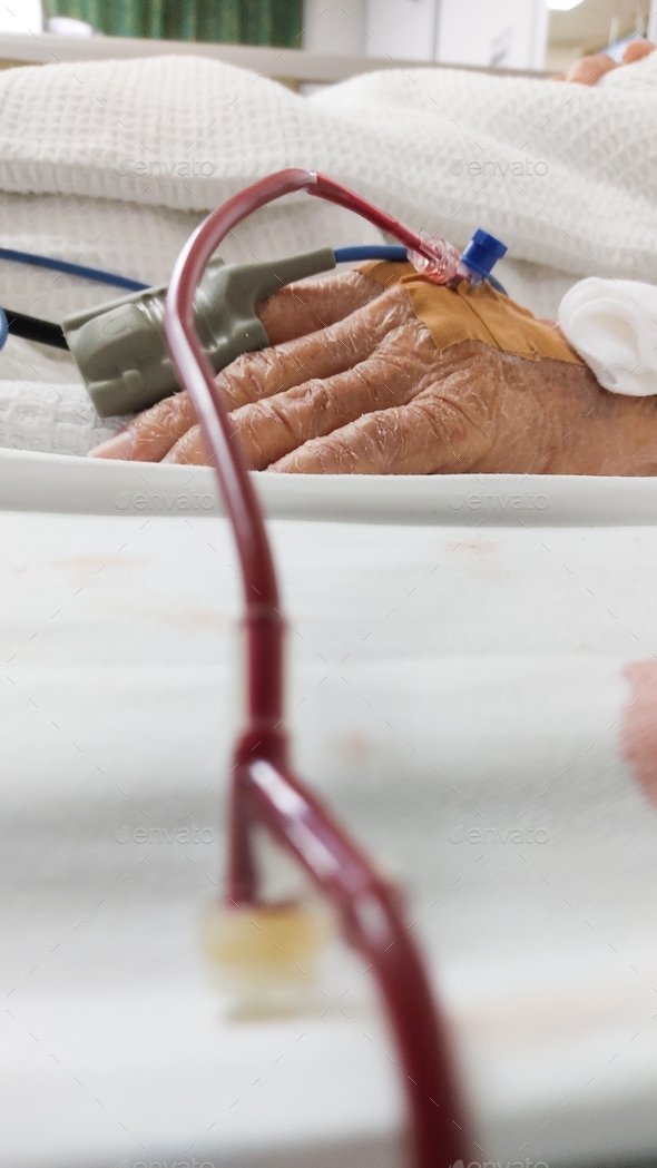 Hand of patient receiving blood transfusion in hospital ward Stock ...