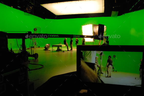 Movie production visual effects green screen stage Stock Photo by thobry