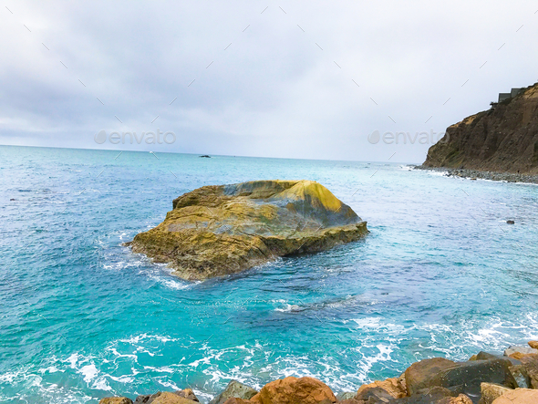 Cloudy day at the california beach with blue ocean water. Stock Photo ...