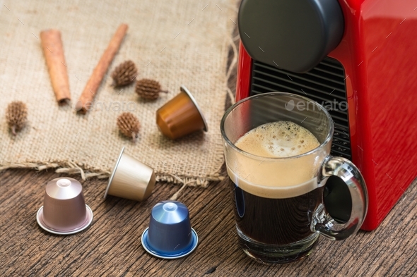 Espresso coffee machine with capsules making coffee Stock Photo by visitr