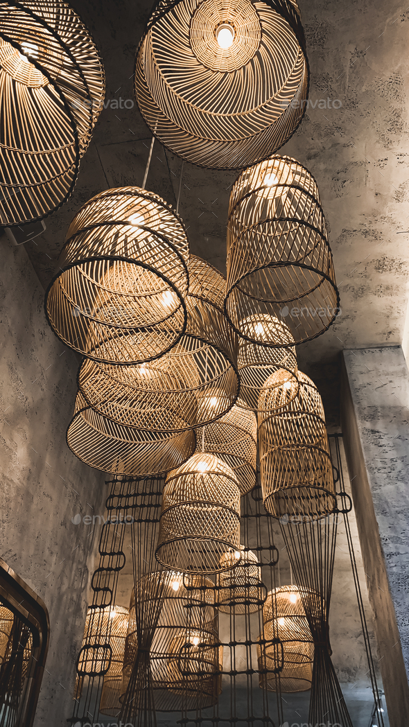 The interior is decorated with wicker baskets on the ceiling Stock ...