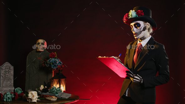 Creepy horror woman taking notes on clipboard papers Stock Photo by DC ...