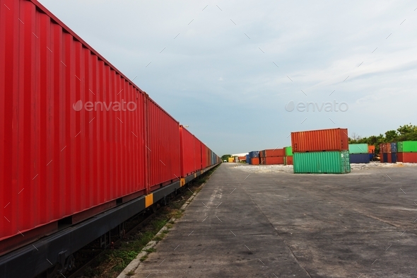 Cargo container train at cargo yard port concept service and ...