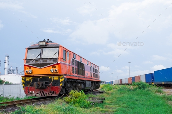 Cargo container train at cargo yard port concept service and ...