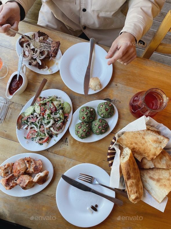 National Georgian food at the restaurant. Hospitality of Georgia. Food ...