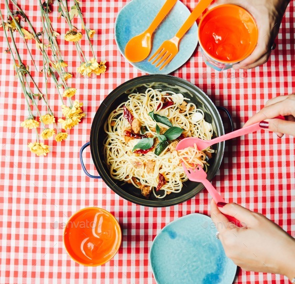Pasta time with friend, top view Stock Photo by nuchylee | PhotoDune