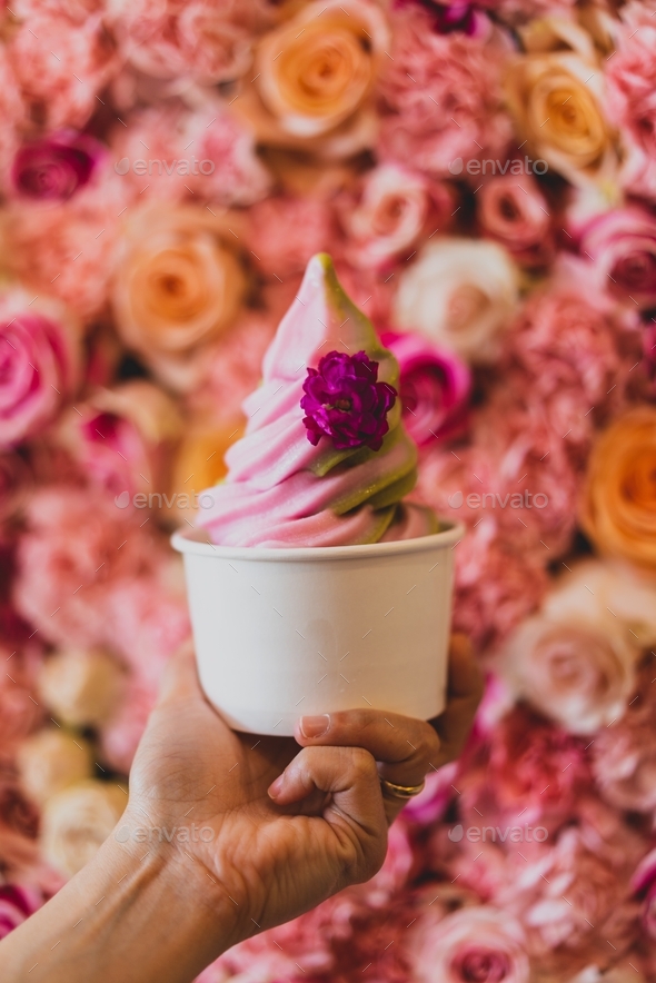 Pink soft serve in front of a flower wall Stock Photo by bluelily52