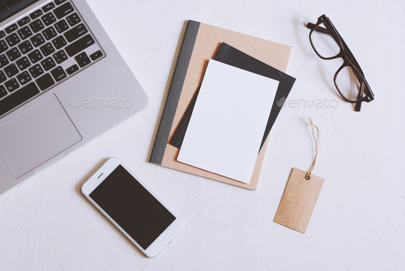Flat lay photo of office desk with laptop Stock Photo by nuchylee ...