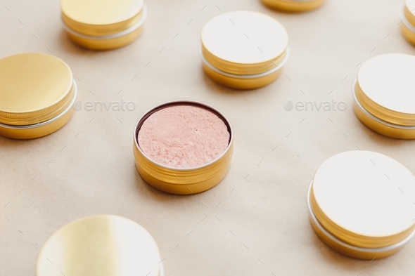 Eco friendly natural solid shampoo in metal cans on papaer background ...
