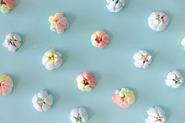 Flower cookies and meringue cookies on a pastel background. Stock Photo ...