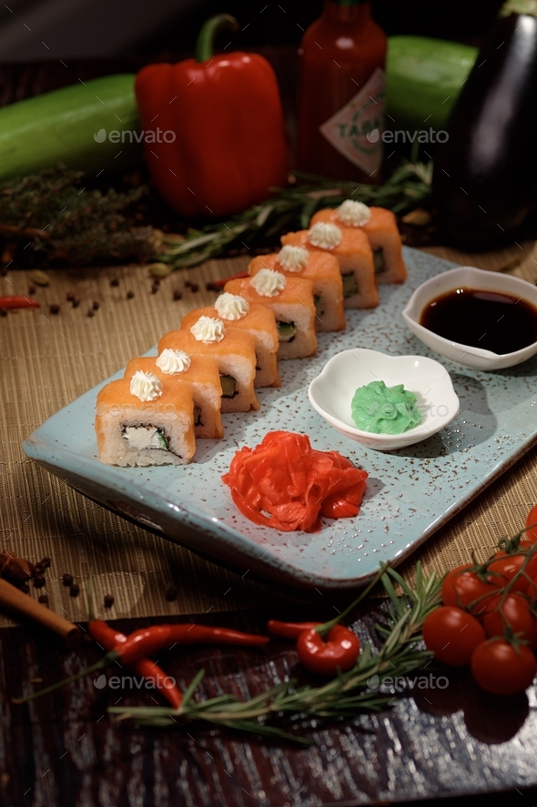 Set of rolls, wasabi and ginger,vertical orientation. Stock Photo by ...