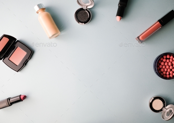 Beauty background for makeup cosmetic product on pastel light blue ...