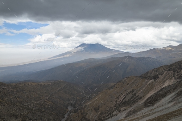 Volcanic ash in the foreground from an eruption from Misti Volcano in ...