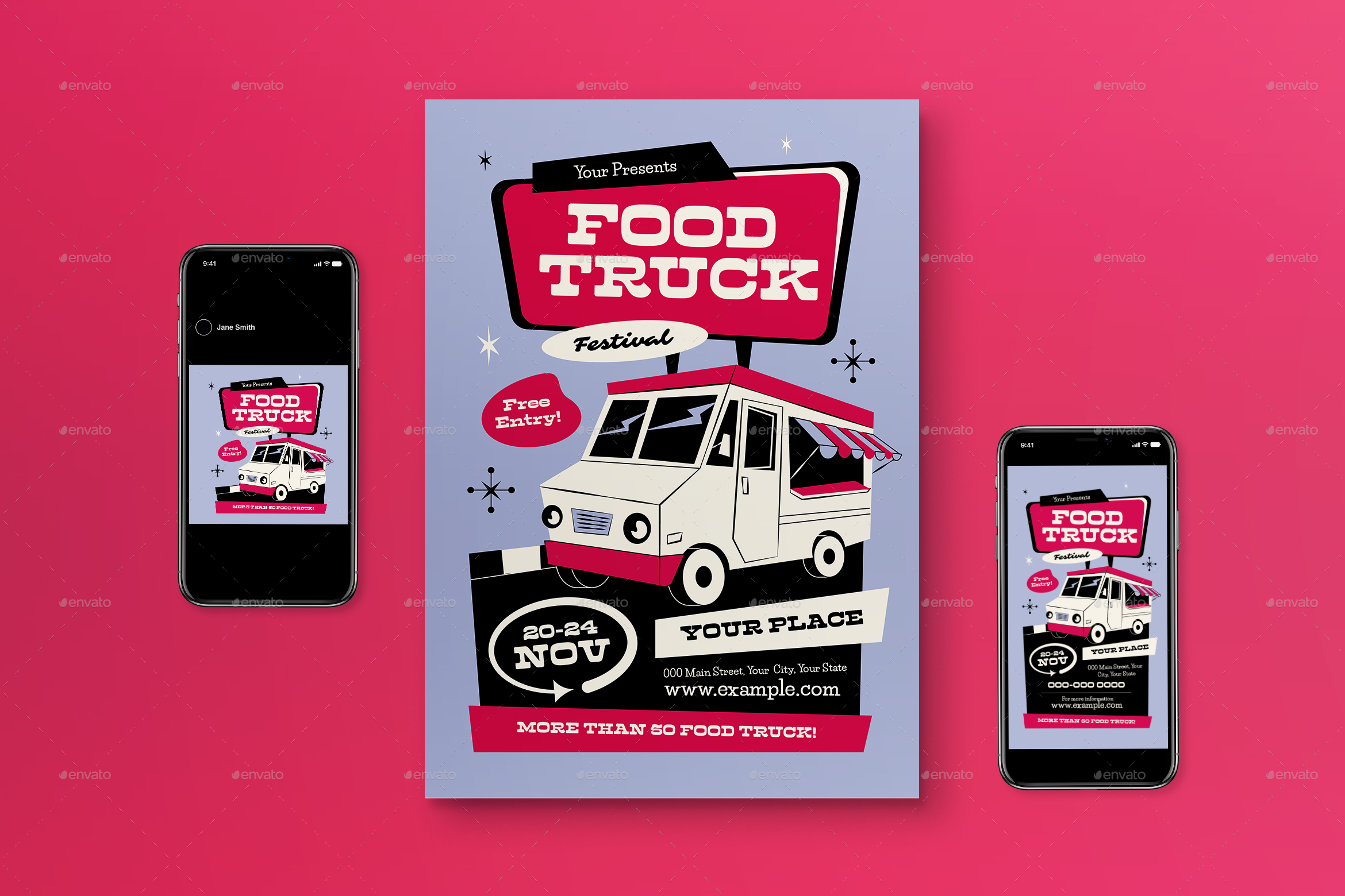Purple Pink Mid Century Food Truck Flyer Set, Print Templates ...