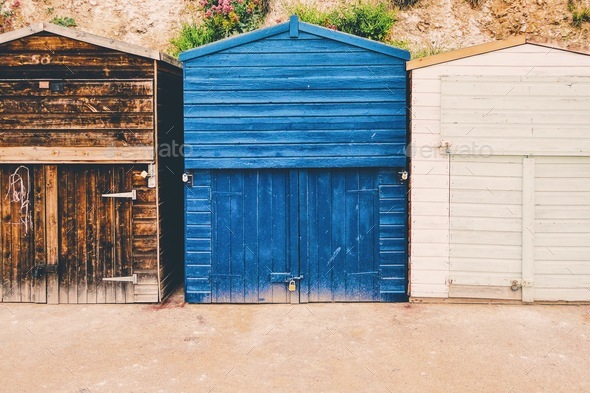 Colourful wooden storage spaces, booths at the seaside Stock Photo by ...