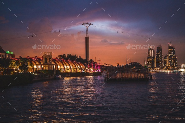 View on Singapore Sentosa Island and Cable Car at night Stock Photo by ...