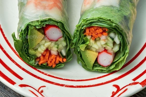 Shrimp Summer rolls wrapped in eatable tapioca paper and green leafy ...
