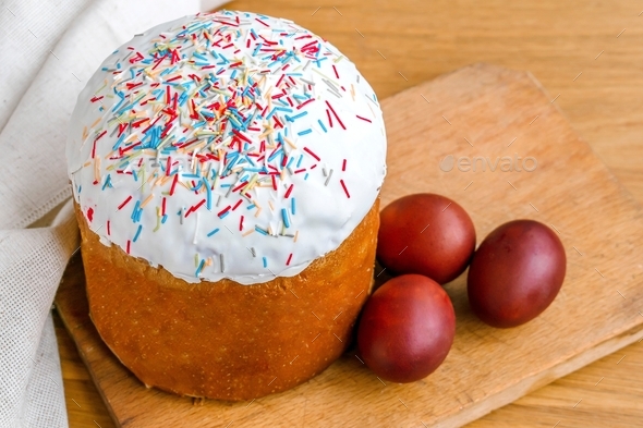 Easter holiday food. Homemade Easter cake with white icing, sweet ...